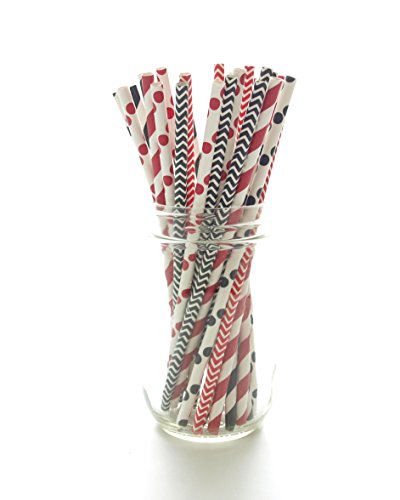 Pirate Straws (25 Pack) - Black, Red & White Sailor Pirates Paper Straws, Skeleton Skull Boys Birthday Party Supplies