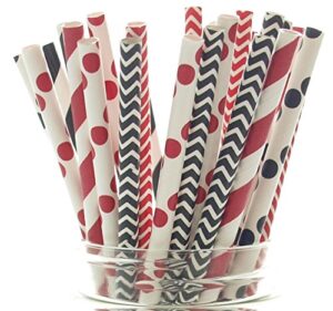 pirate straws (25 pack) - black, red & white sailor pirates paper straws, skeleton skull boys birthday party supplies