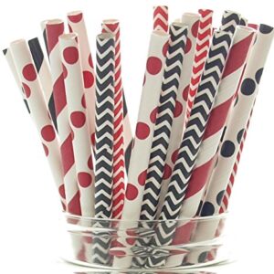 Pirate Straws (25 Pack) - Black, Red & White Sailor Pirates Paper Straws, Skeleton Skull Boys Birthday Party Supplies