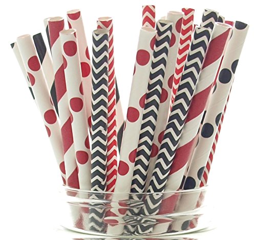 Pirate Straws (25 Pack) - Black, Red & White Sailor Pirates Paper Straws, Skeleton Skull Boys Birthday Party Supplies