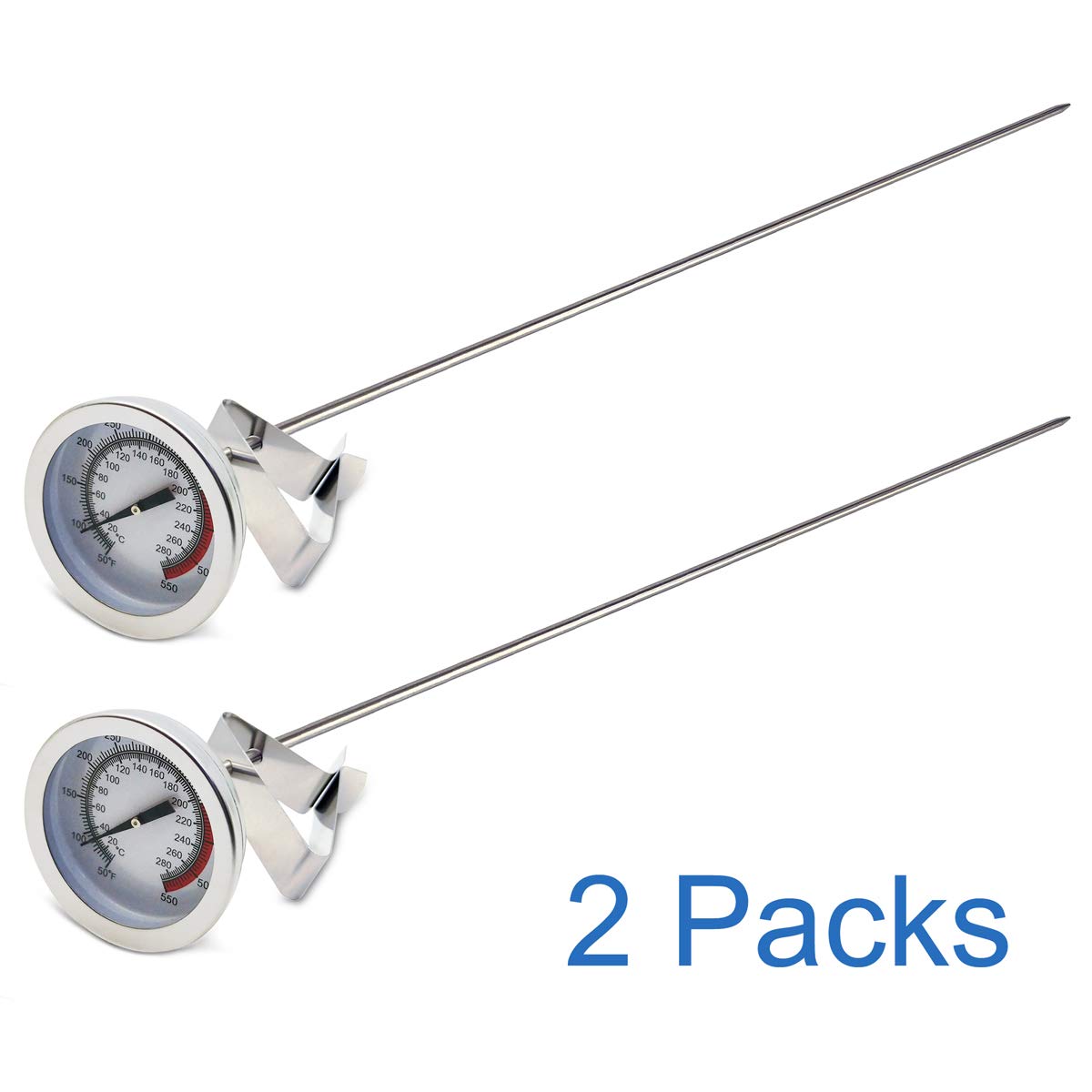 Efeng15“ Long Deep Fry Thermometer (2 Pack) with Pot Clip, 2" Dial Instant Read Turkey/Candy/Oil Thermometer for Frying,Cooking of Tall pots,Beef,Lamb,Meat