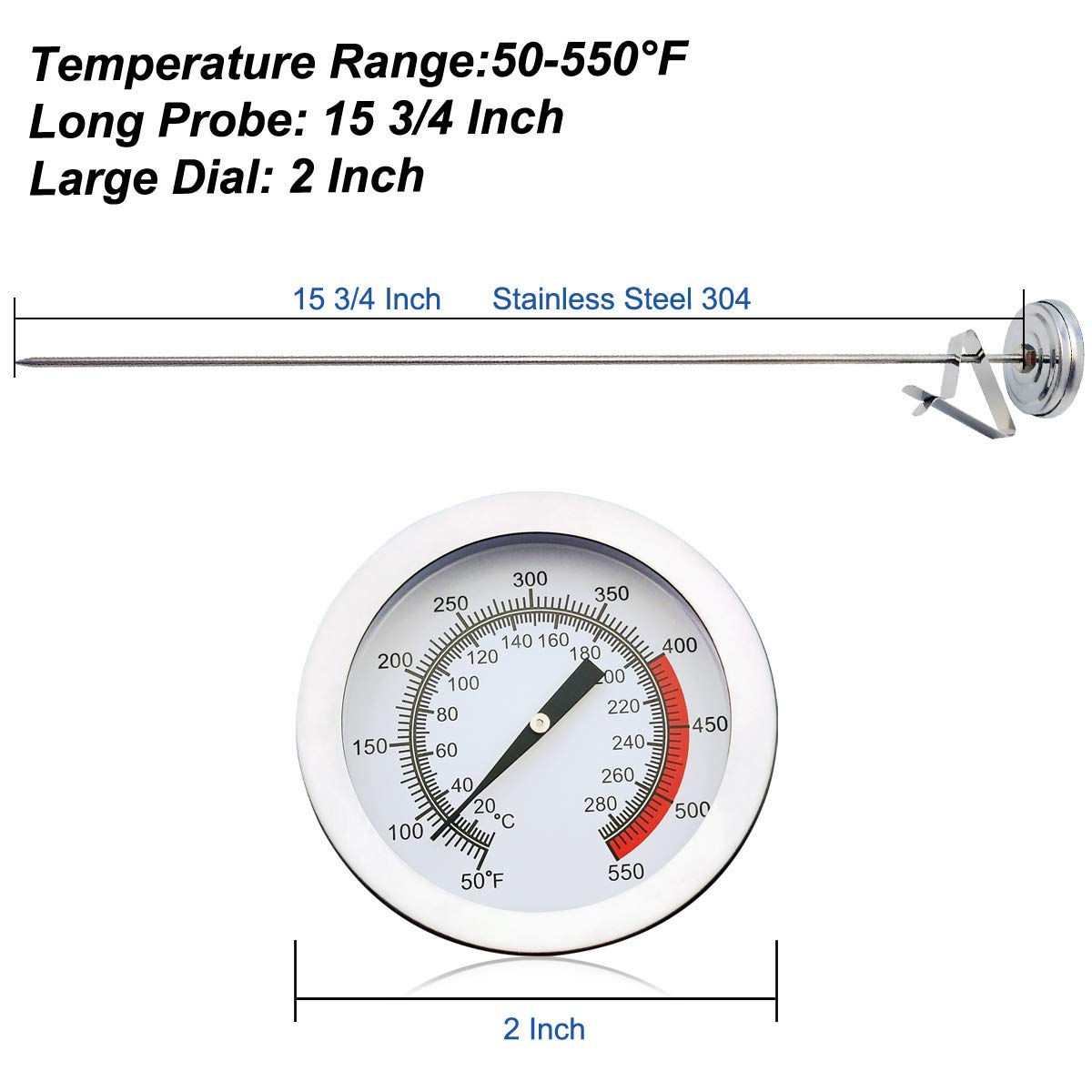 Efeng15“ Long Deep Fry Thermometer (2 Pack) with Pot Clip, 2" Dial Instant Read Turkey/Candy/Oil Thermometer for Frying,Cooking of Tall pots,Beef,Lamb,Meat