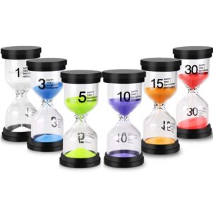 emdmak sand timer colorful hourglass sandglass timer 1 min/3 mins/5 mins/10 mins/15 mins/30 mins sand clock timer for games classroom home office(pack of 6)