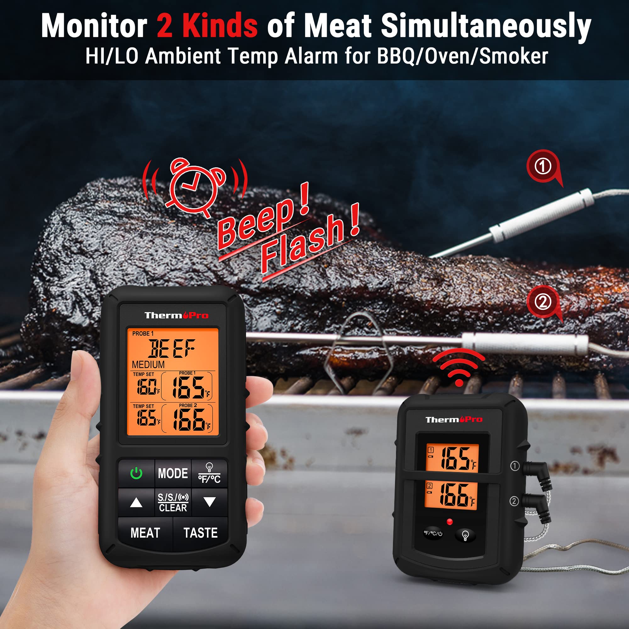 ThermoPro TP20B Black 500FT Wireless Meat Thermometer with Dual Meat Probe, Digital Cooking Food Meat Thermometer Wireless for Smoker BBQ Grill Thermometer, NSF Certified