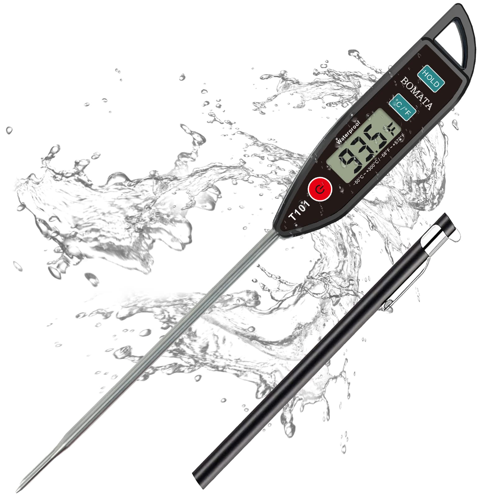 BOMATA Waterproof IPX7 Thermometer for Water, Liquid, Candle and Cooking. Instant Read Food Thermometer with Long Probe for Cooking, Meat, BBQ! T101 (Black Color)…