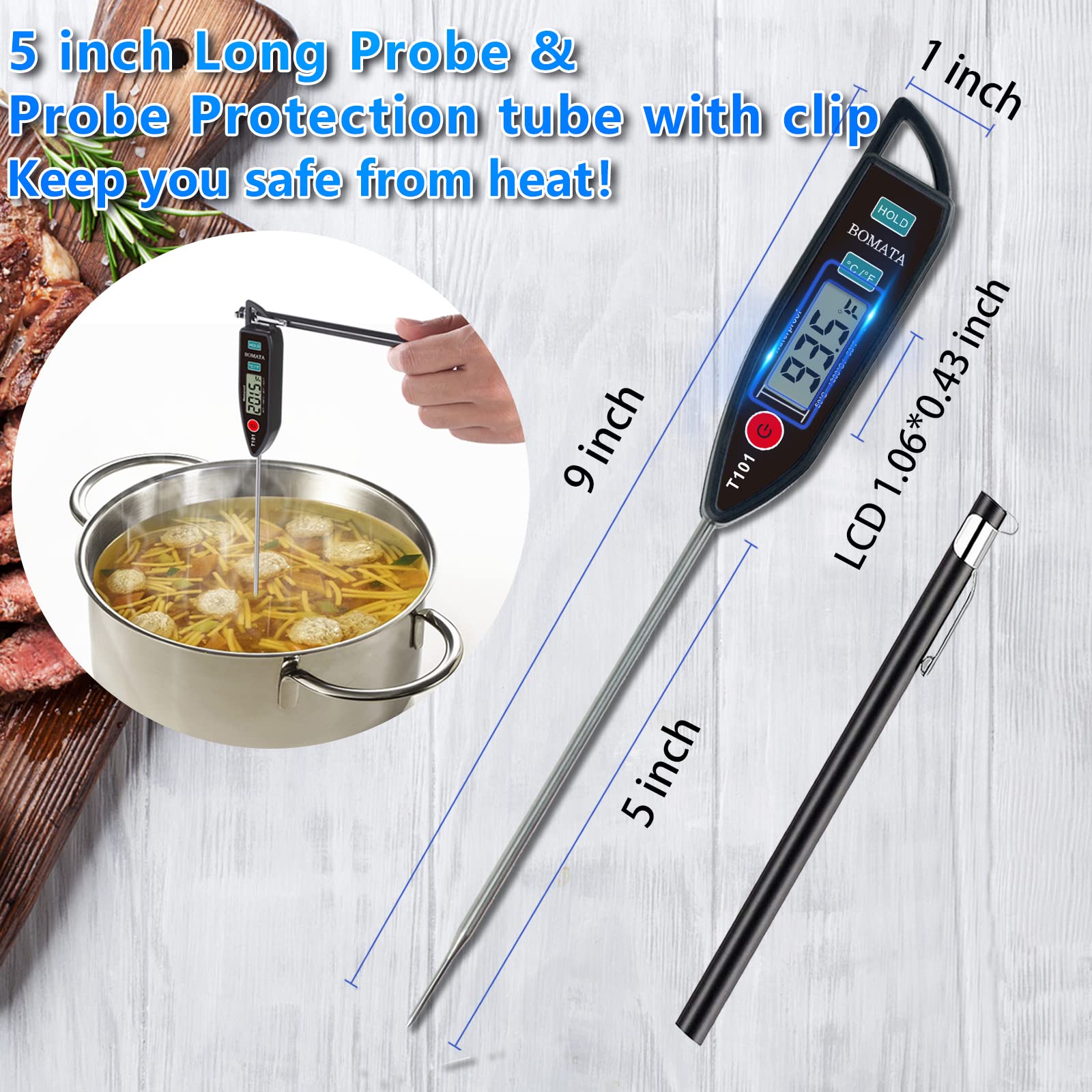 BOMATA Waterproof IPX7 Thermometer for Water, Liquid, Candle and Cooking. Instant Read Food Thermometer with Long Probe for Cooking, Meat, BBQ! T101 (Black Color)…