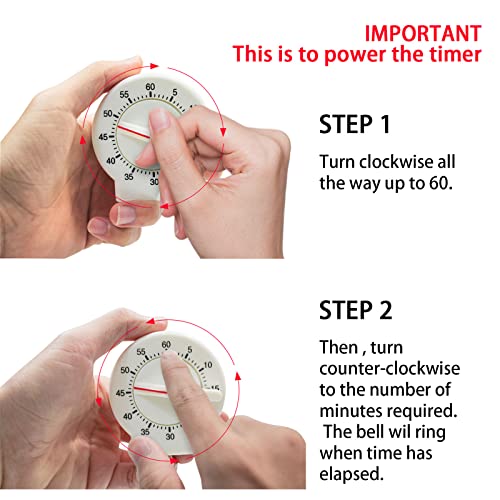 Kitchen Timer, 60 Minutes Mechanical Timer Clock,Kitchen Cooking Timer Clock with Bell Alarm Clock,No Battery Needed, Easy to Read Operate (White)