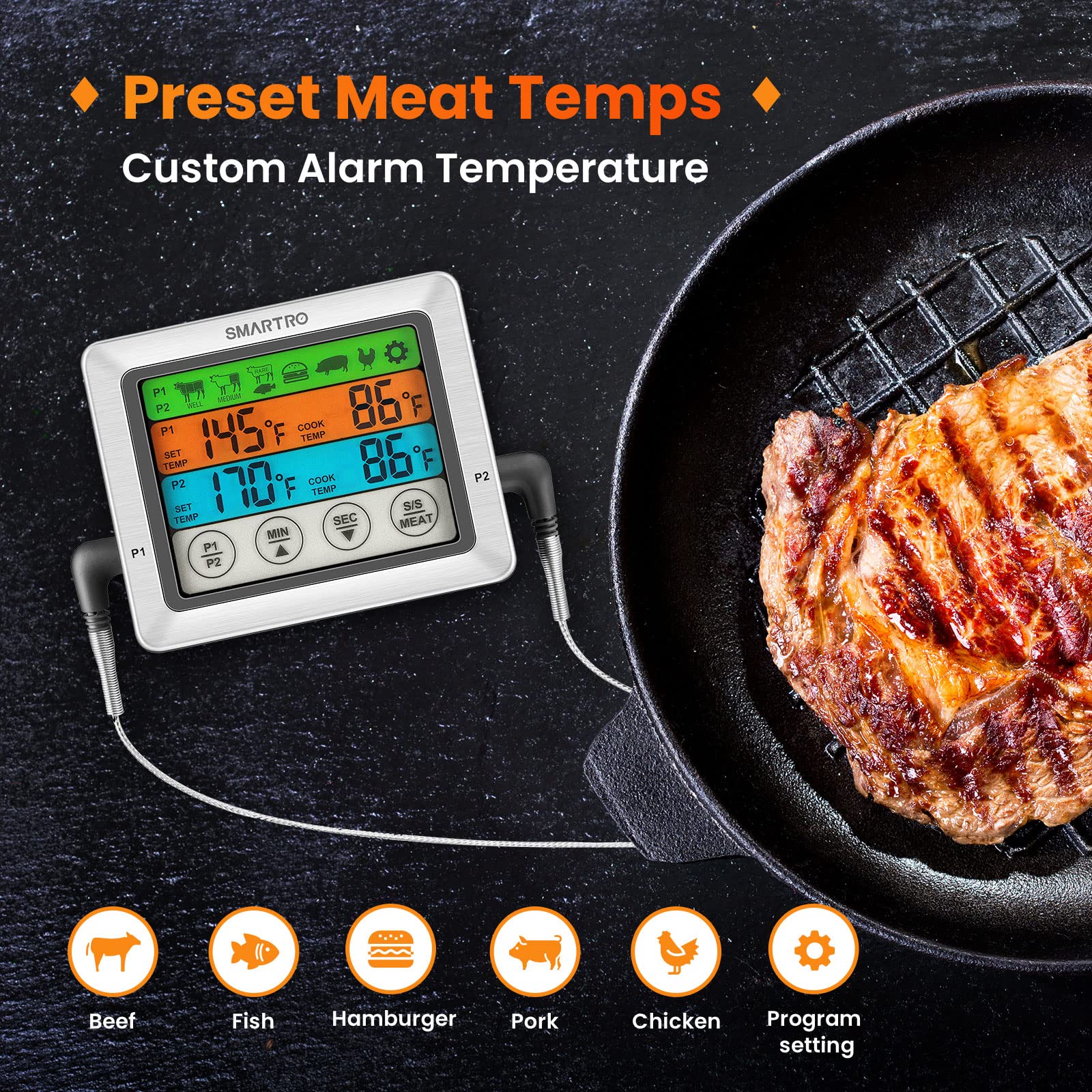 SMARTRO ST54 Dual Probe Digital Meat Thermometer for Cooking Food Kitchen Oven BBQ Grill with Timer Mode and Commercial-Grade Probes