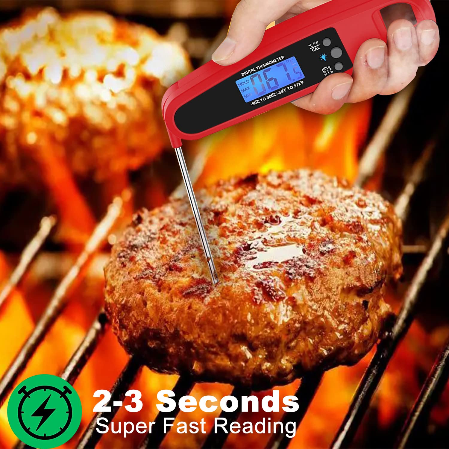 Hoseili Instant Read Meat Thermometer for Grill and Cooking. Best Waterproof Ultra Fast Thermometer with Backlight & Calibration. Digital Food Probe for Kitchen, Outdoor Grilling and BBQ,wen2