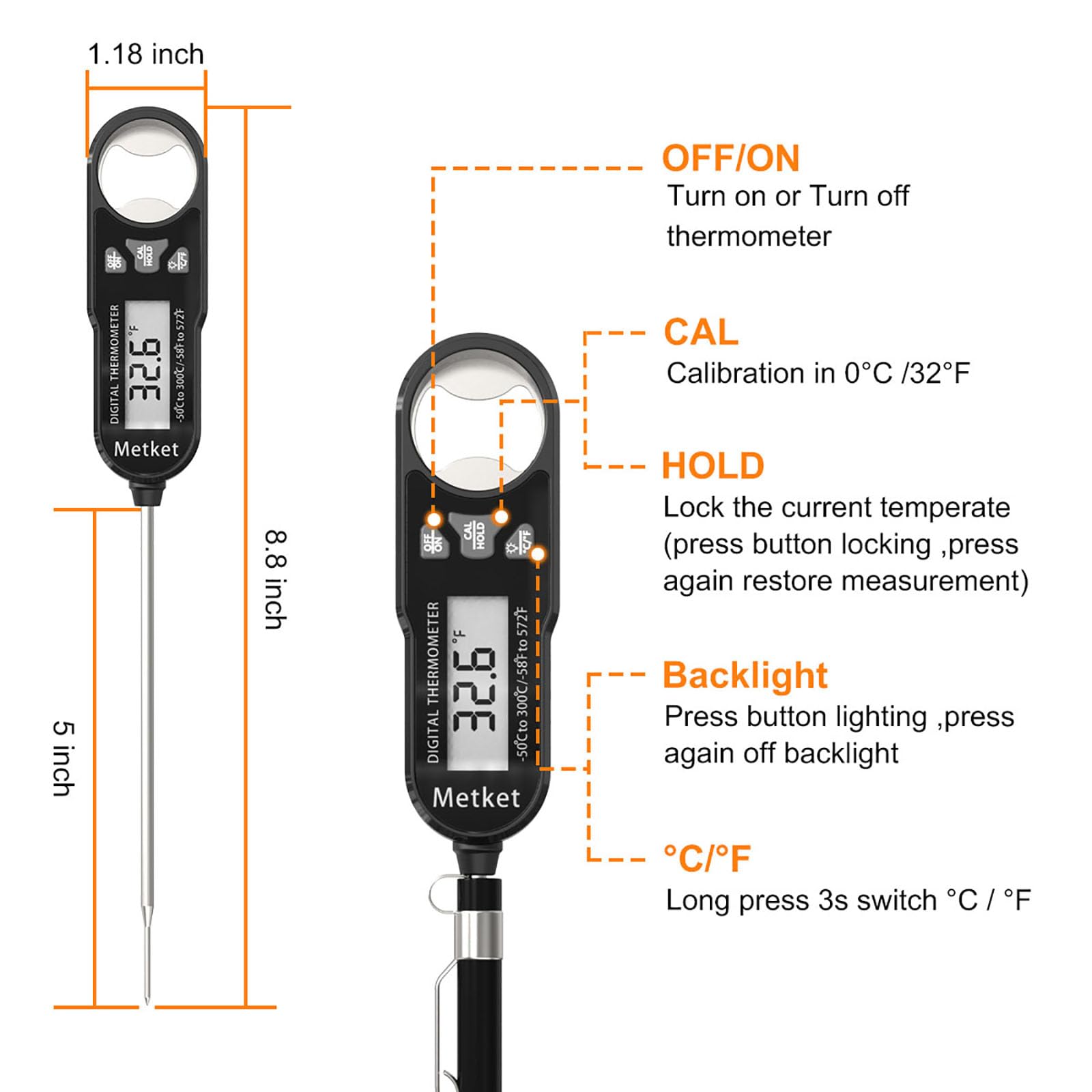 MetKet Waterproof Digital Food Thermometer 2 Pack, Instant Read Meat Thermometer for Cooking and Baking, Long Probe Thermometer for Grill BBQ Smoker Oven Oil Milk Candy Wine Thermometer