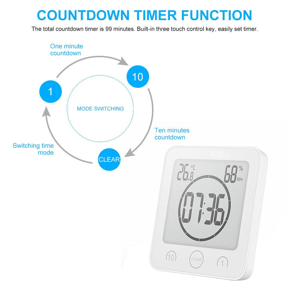 AOZBZ Shower Wall Clock, Digital Kitchen Timer with Alarm, Waterproof Touch Screen Timer, Temperature Humidity Display with Suction Cup Hanging Hole (White)