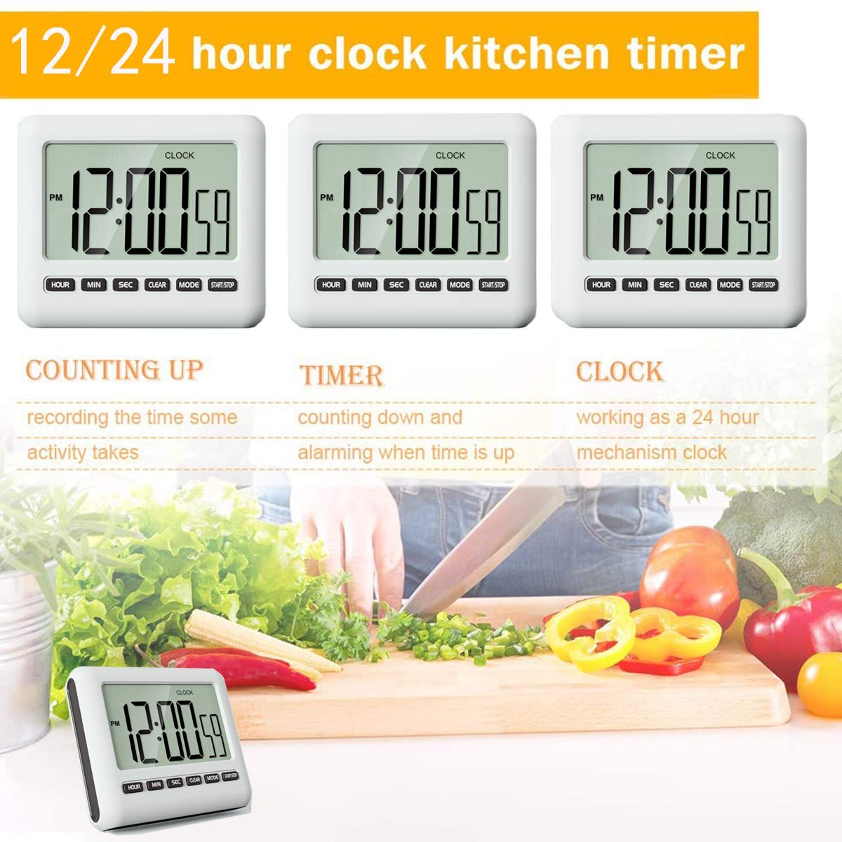 F.G. MINGSHA Magnetic Digital Clock 12/24 Hours Kitchen Timers with Alarm, Big Screen Loud Alarm & Strong Magnet, Count-Up & Count Down for Kitchen Baking Sports Games Office Study (Black)