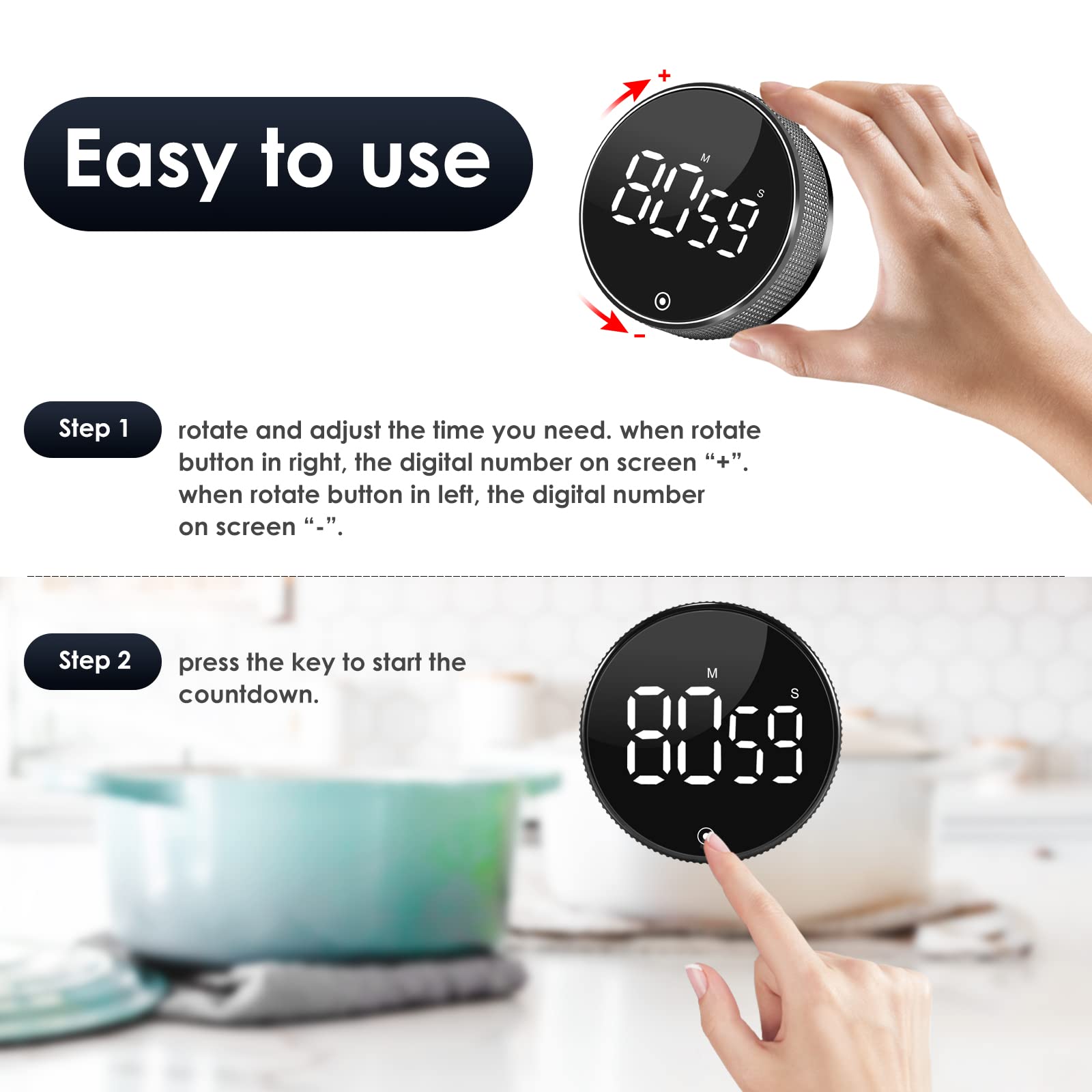 Digital Kitchen Timers for Cooking, Magnetic Visual Timer with Loud Ring & LED Display for Seniors Kids, Countdown Countup Timer for Classroom Baking Studying Teaching