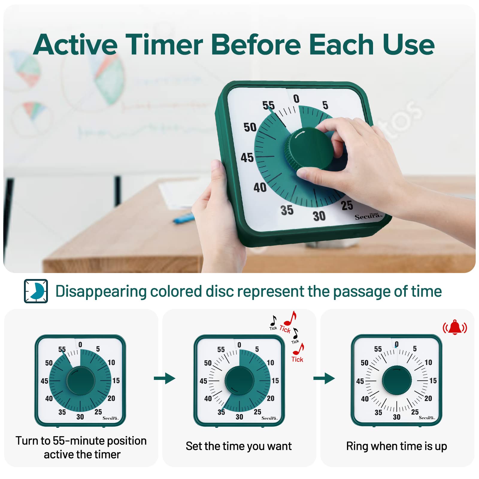 Secura Home 60-Minute Visual Timer, 7.5 Inch Oversize Countdown Timer Clock for Kids and Adults, Durable Mechanical Time Management Tool with Magnetic Backing （Dark Green）