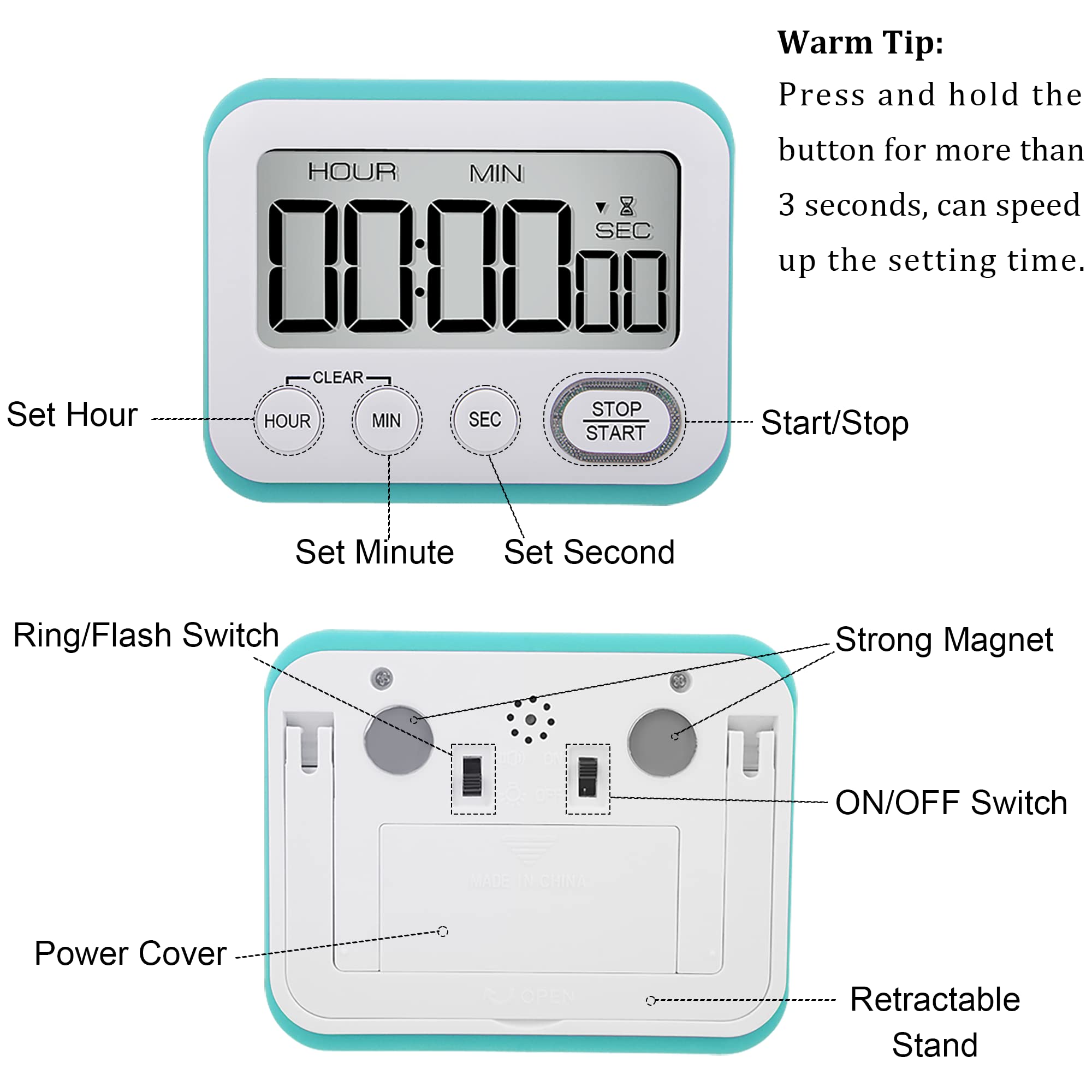 Digital Kitchen Timer with Loud Alarm/Mute ON/Off Switch Classroom Timer for Kids Count Down/Up, Light Blue