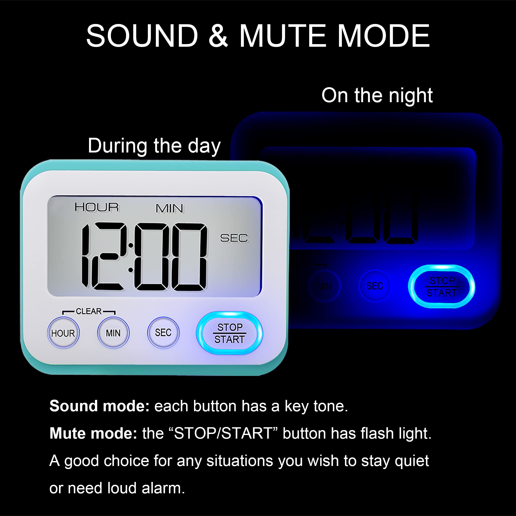 Digital Kitchen Timer with Loud Alarm/Mute ON/Off Switch Classroom Timer for Kids Count Down/Up, Light Blue