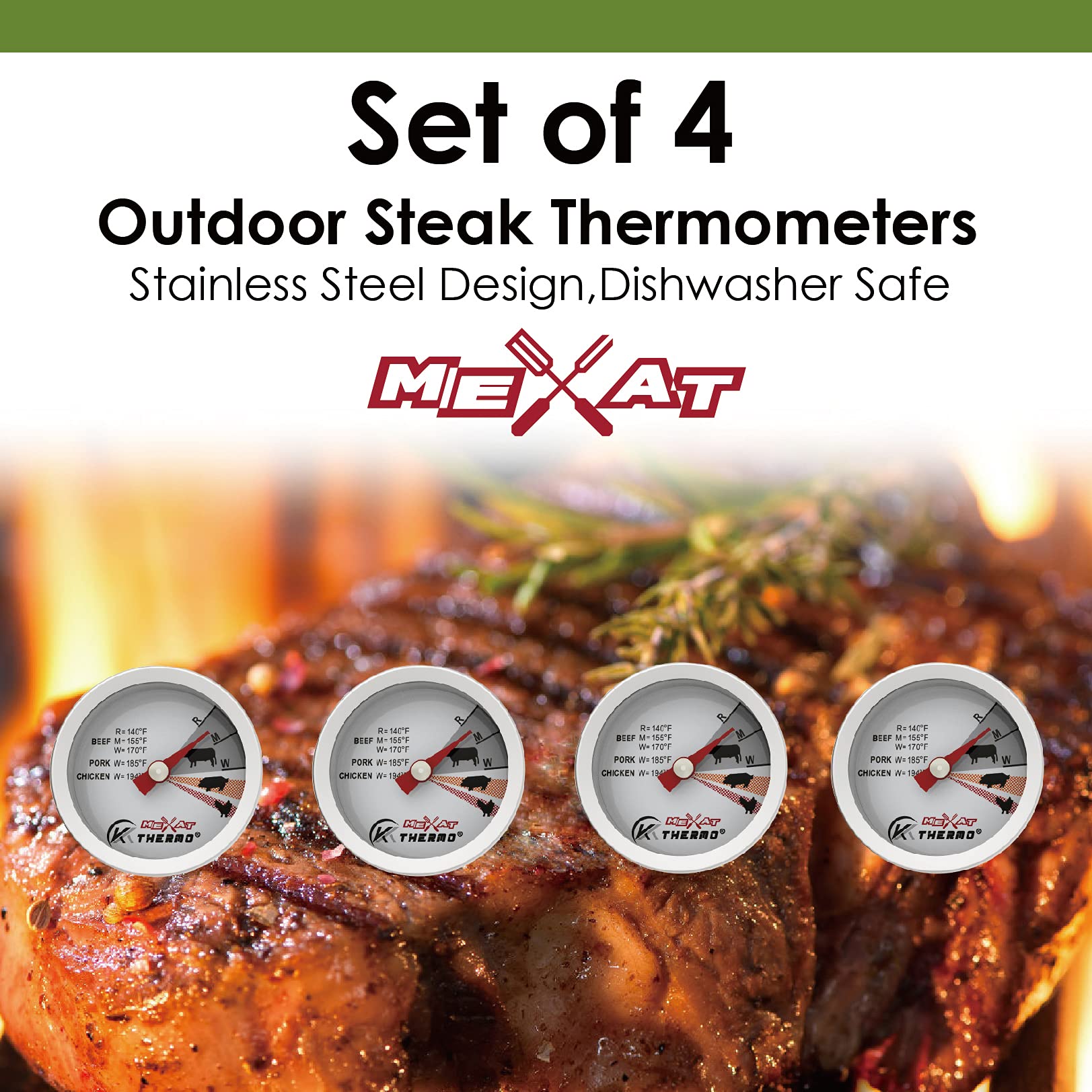 KT THERMO Steak Button Thermometer, Poultry Meat Thermometer, Instant Read Food Stainless Steel Dial Thermometers, Grill Mates Barbecue BBQ Tools, Grilling and Baking Steak Thermometers, Set of 4