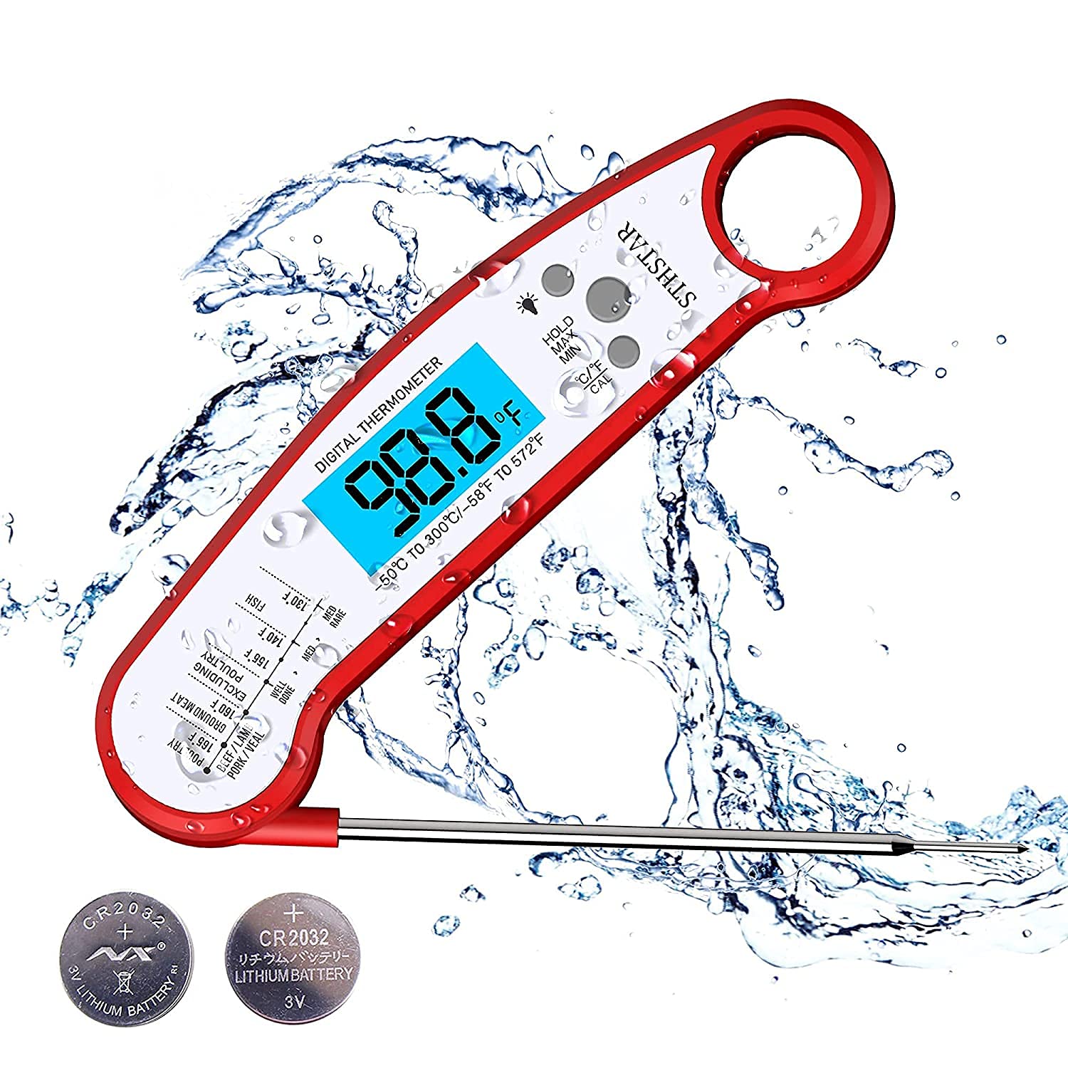 STHSTAR Waterproof Digital Meat Thermometer, Instant Read Food Thermometer for Cooking Grilling Baking BBQ Oil Milk Bath Water Deep Fry (Red)