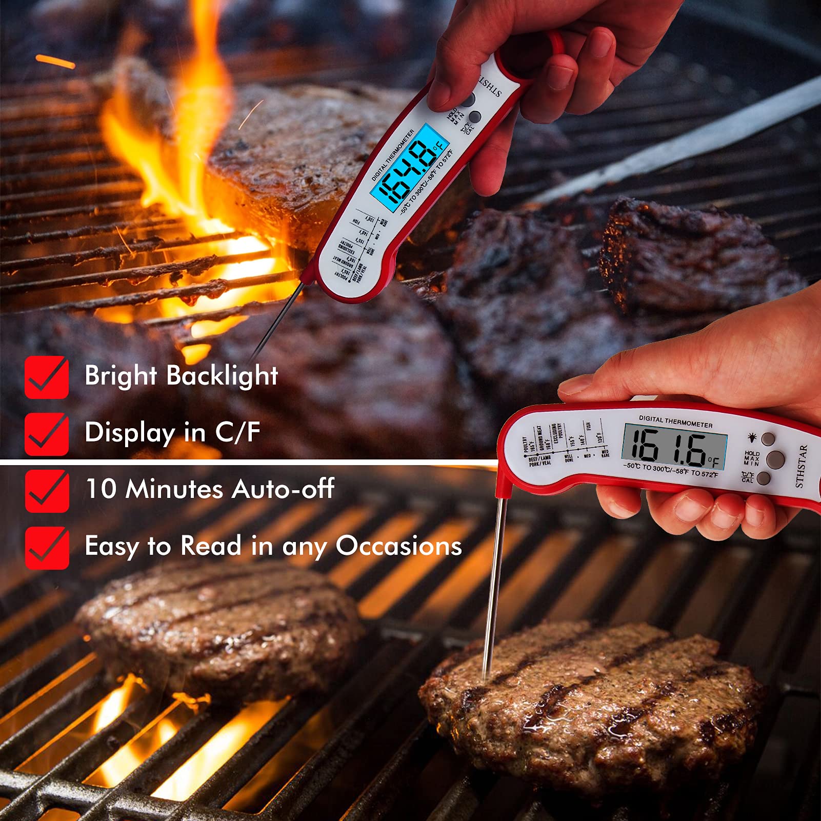 STHSTAR Waterproof Digital Meat Thermometer, Instant Read Food Thermometer for Cooking Grilling Baking BBQ Oil Milk Bath Water Deep Fry (Red)