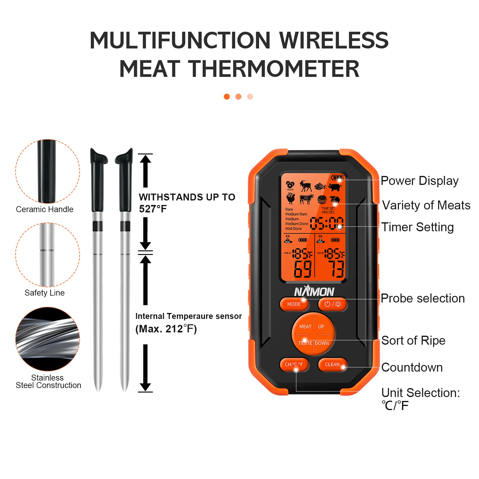 NAMON Wireless Meat Thermometer, Grill Thermometer with 2 Meat Probes, 195ft Wireless Range Digital Thermometer for Cooking, Food Thermometer with Smart Alert for Oven, Smoker, Rotisserie, BBQ