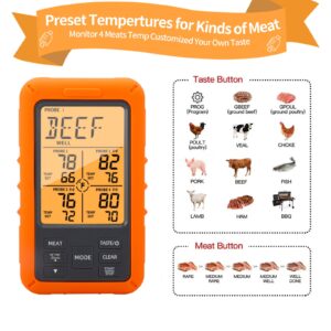 Wireless Meat Thermometer with 4 Meat Probes Remote Cooking Food Thermometer with Alarm Calibration & Timer 500FT Digital Cordless Thermometer for Kitchen Outdoor BBQ Smoker Oven Grill Fryer Beef