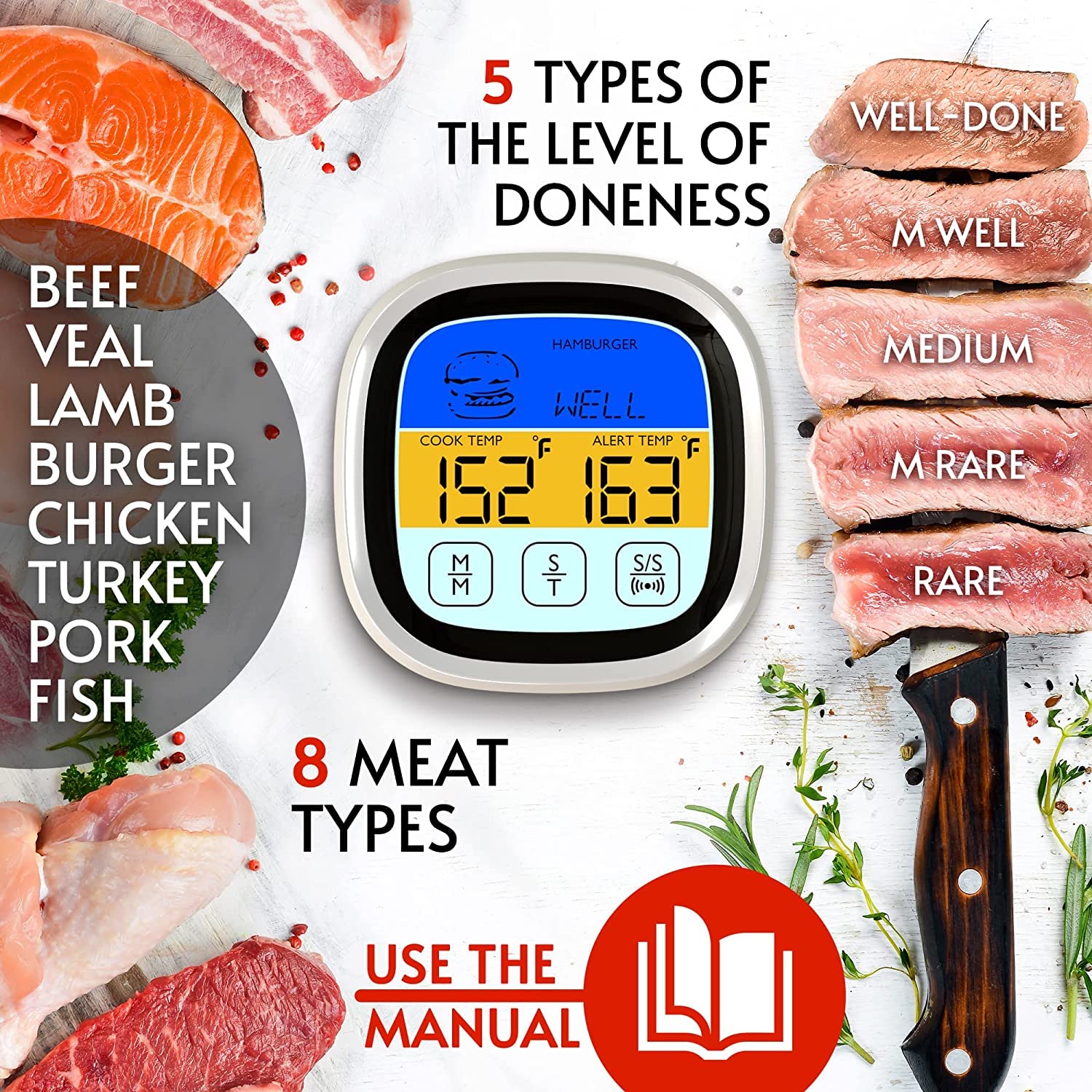 Digital Meat Thermometer for Cooking – Precise Meat Thermometer with Probe & Timer Alarm – Instant Meat Thermometer with 6 Cooking Pre-Set Settings & Auto Shutoff for Grilling Baking & Barbecues