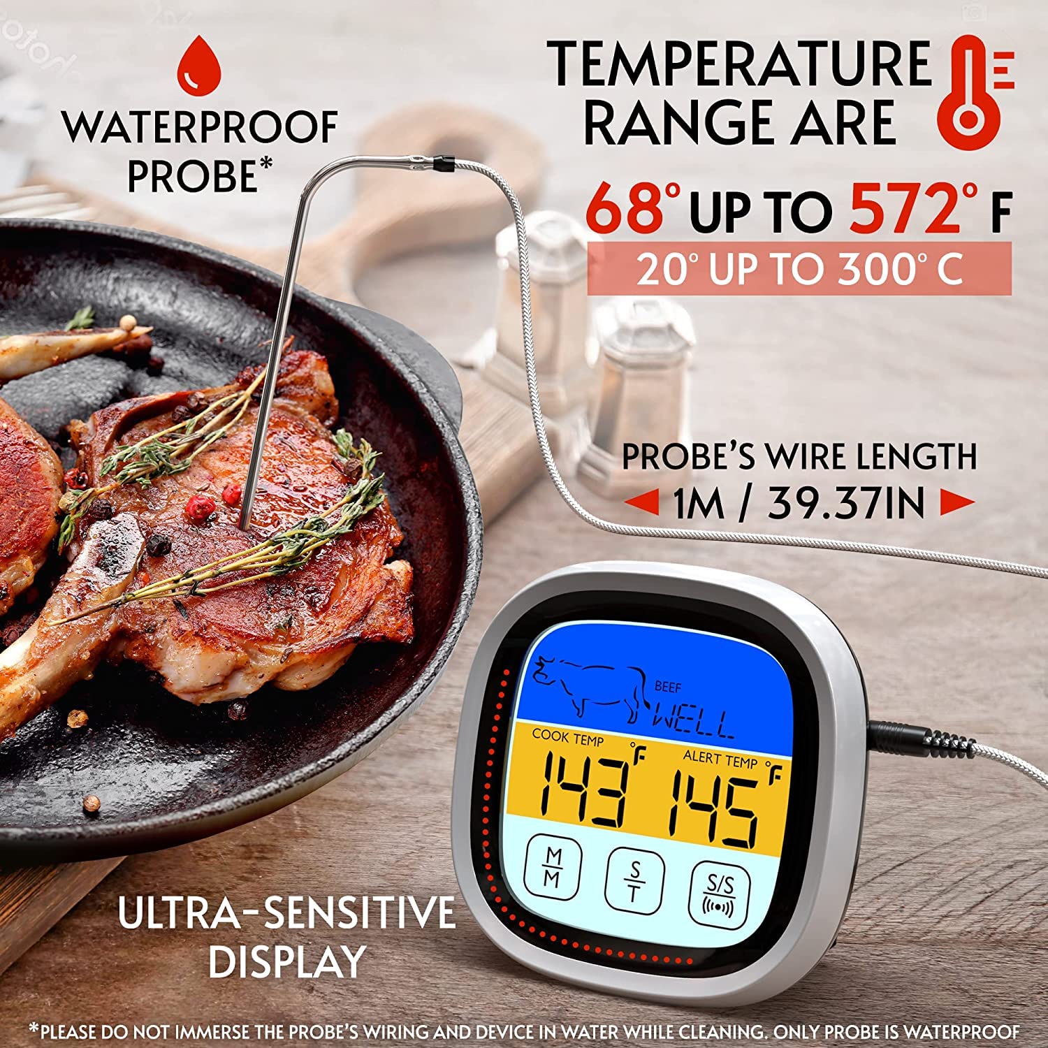 Digital Meat Thermometer for Cooking – Precise Meat Thermometer with Probe & Timer Alarm – Instant Meat Thermometer with 6 Cooking Pre-Set Settings & Auto Shutoff for Grilling Baking & Barbecues