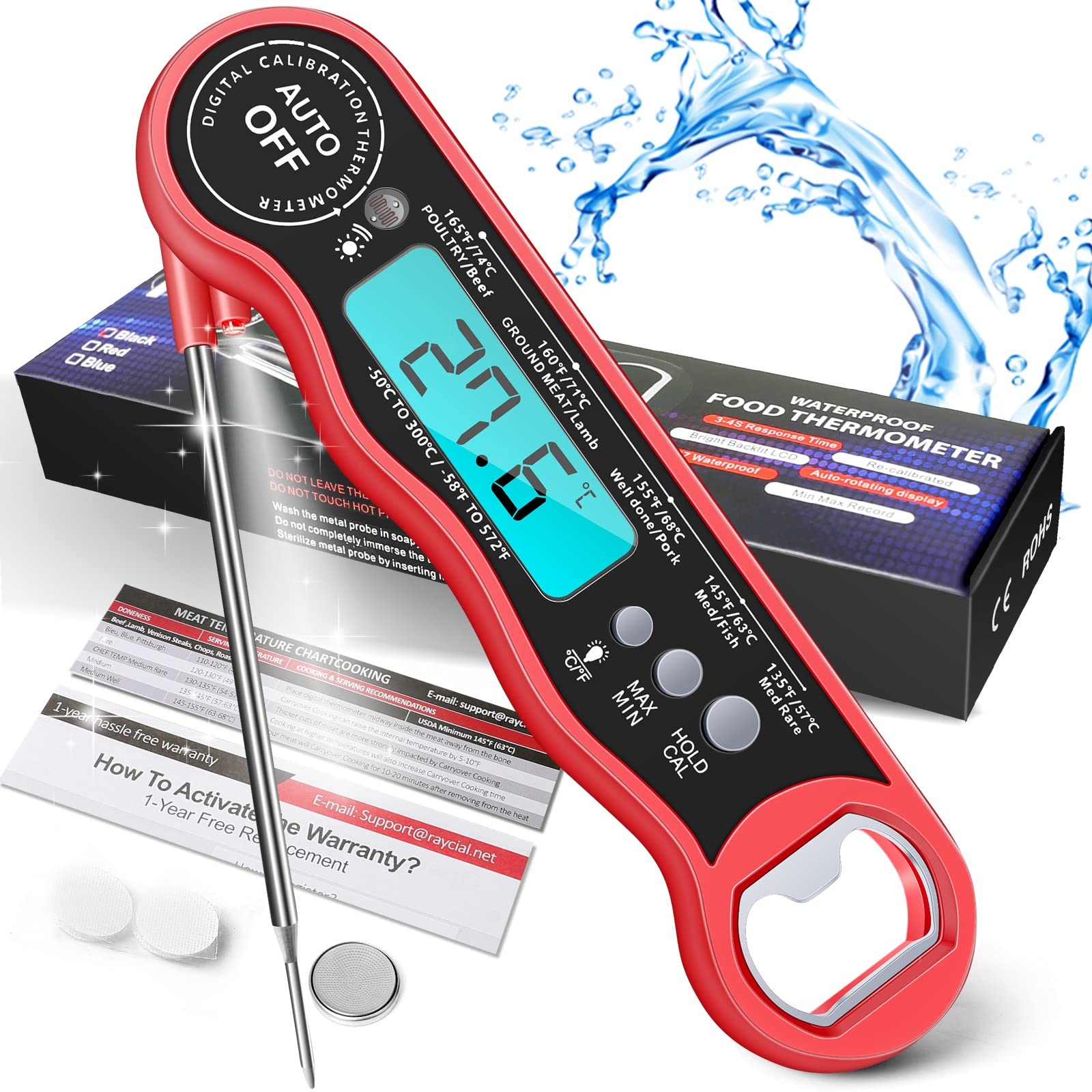 Meat Thermometer Instant Read Digital Kitchen Thermometer BBQ Thermometer with 3s Instant Reading, IPX7 Waterproof and LCD Display