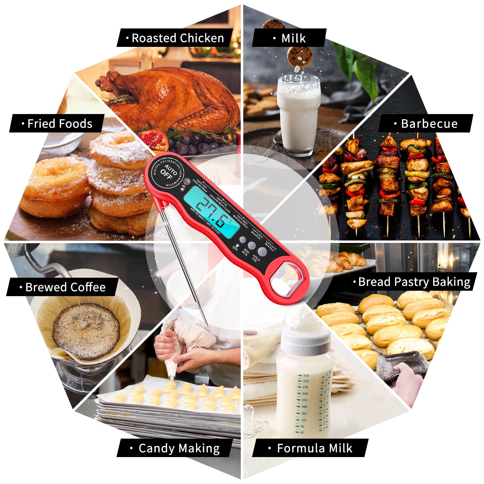 Meat Thermometer Instant Read Digital Kitchen Thermometer BBQ Thermometer with 3s Instant Reading, IPX7 Waterproof and LCD Display