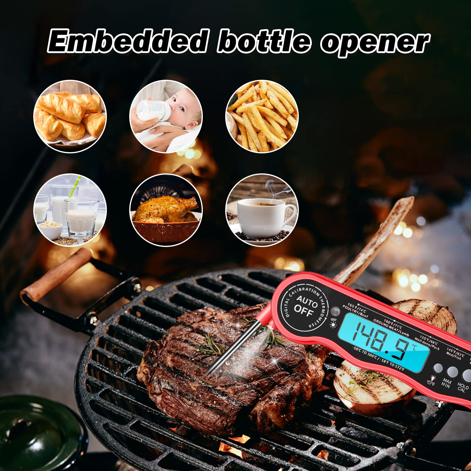 Meat Thermometer Instant Read Digital Kitchen Thermometer BBQ Thermometer with 3s Instant Reading, IPX7 Waterproof and LCD Display