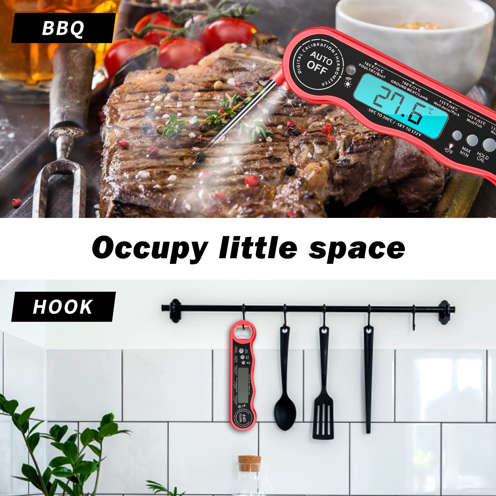 Meat Thermometer Instant Read Digital Kitchen Thermometer BBQ Thermometer with 3s Instant Reading, IPX7 Waterproof and LCD Display