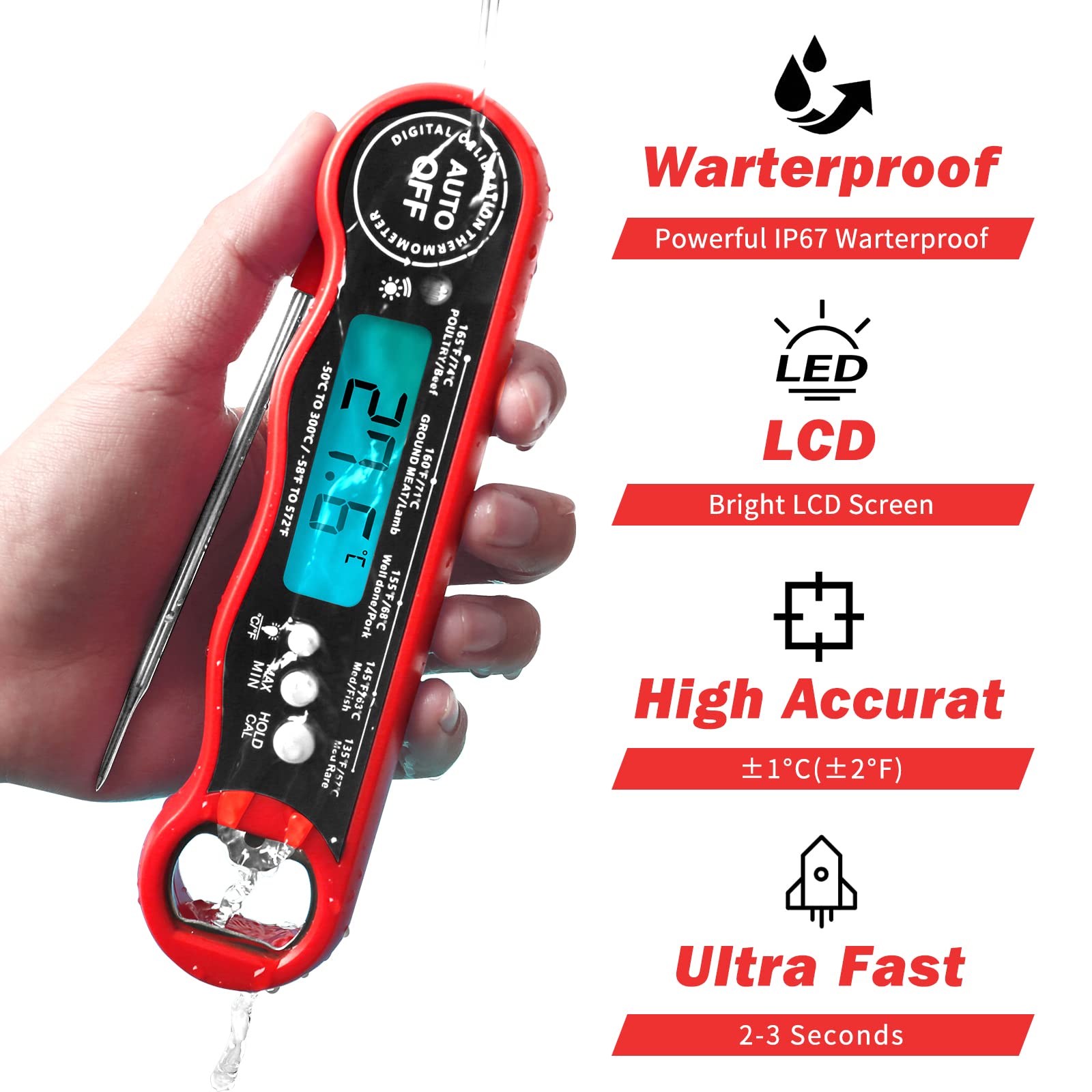 Meat Thermometer Instant Read Digital Kitchen Thermometer BBQ Thermometer with 3s Instant Reading, IPX7 Waterproof and LCD Display