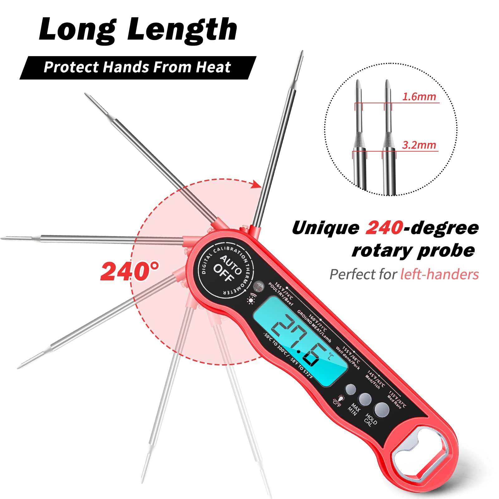 Meat Thermometer Instant Read Digital Kitchen Thermometer BBQ Thermometer with 3s Instant Reading, IPX7 Waterproof and LCD Display