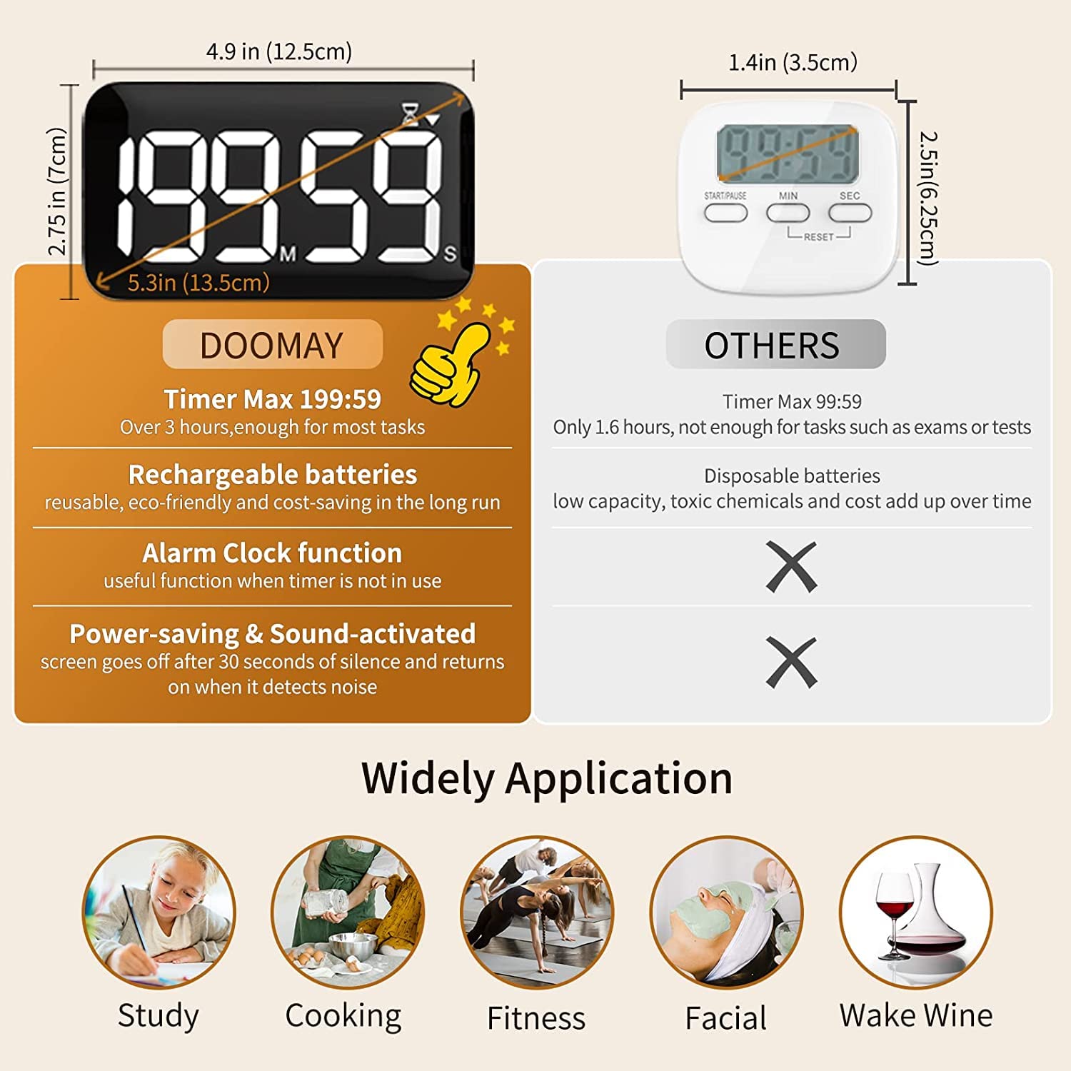 DOOMAY Rechargeable Digital Kitchen Timer - Large LED Magnetic Timer Sound Activated, Brightness and Volume Adjustable, Ideal for Cooking, Classroom, Office and for Kids, Teacher, Seniors to Use