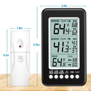 (Upgraded Version) AMIR Refrigerator Thermometer, Wireless Digital Freezer Thermometer with 2 Sensors, Indoor Outdoor Thermometer with Audible Alarm Temperature Gauge for Freezer Kitchen Home