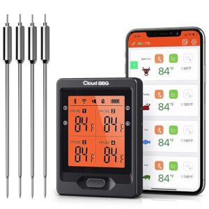 cloud bbq 500ft wireless meat thermometer, smart rechargeable bbq thermometer with four probes, bluetooth meat thermometer for somker, oven,grilling, cooking turkey fish beef (fs-66)