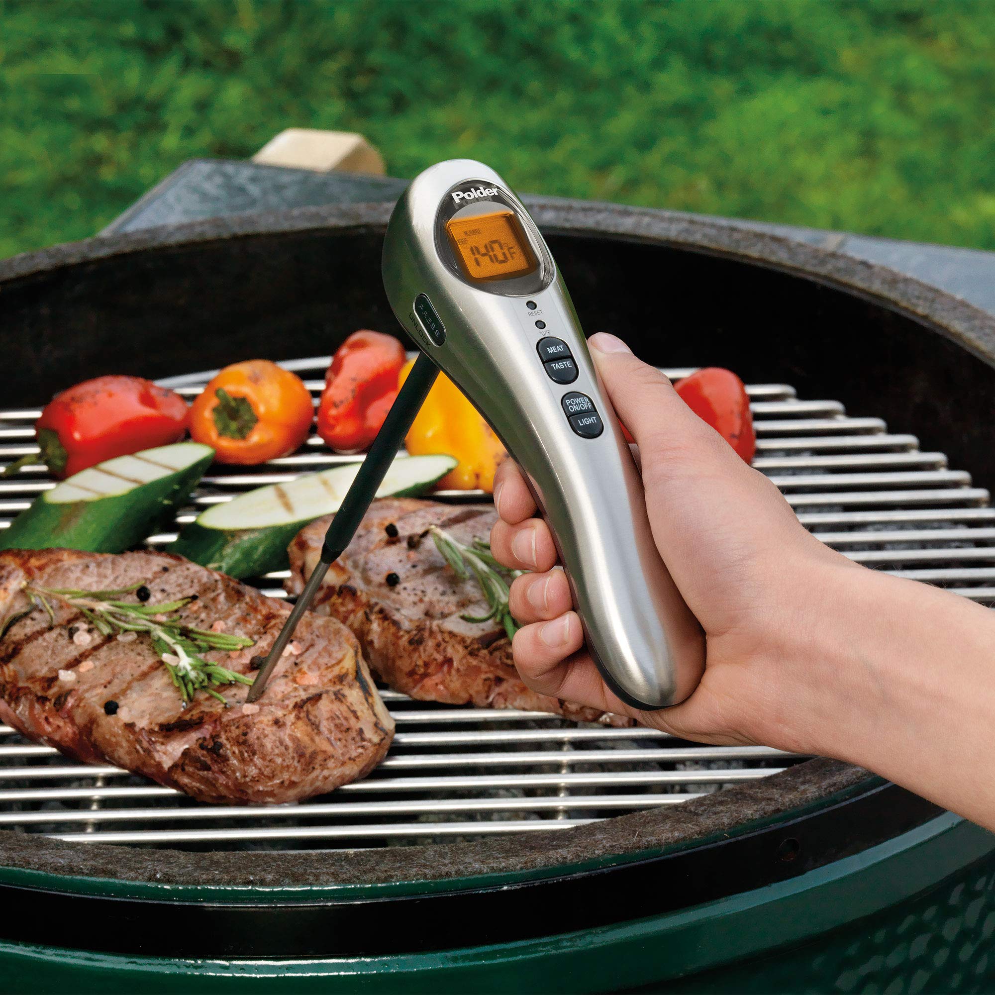 Polder Safe Serve Instant Read Thermometer, 10 Inch Probe, Built-in Torch Light, Grilling, Outdoor Meat Thermomter (Stainless)