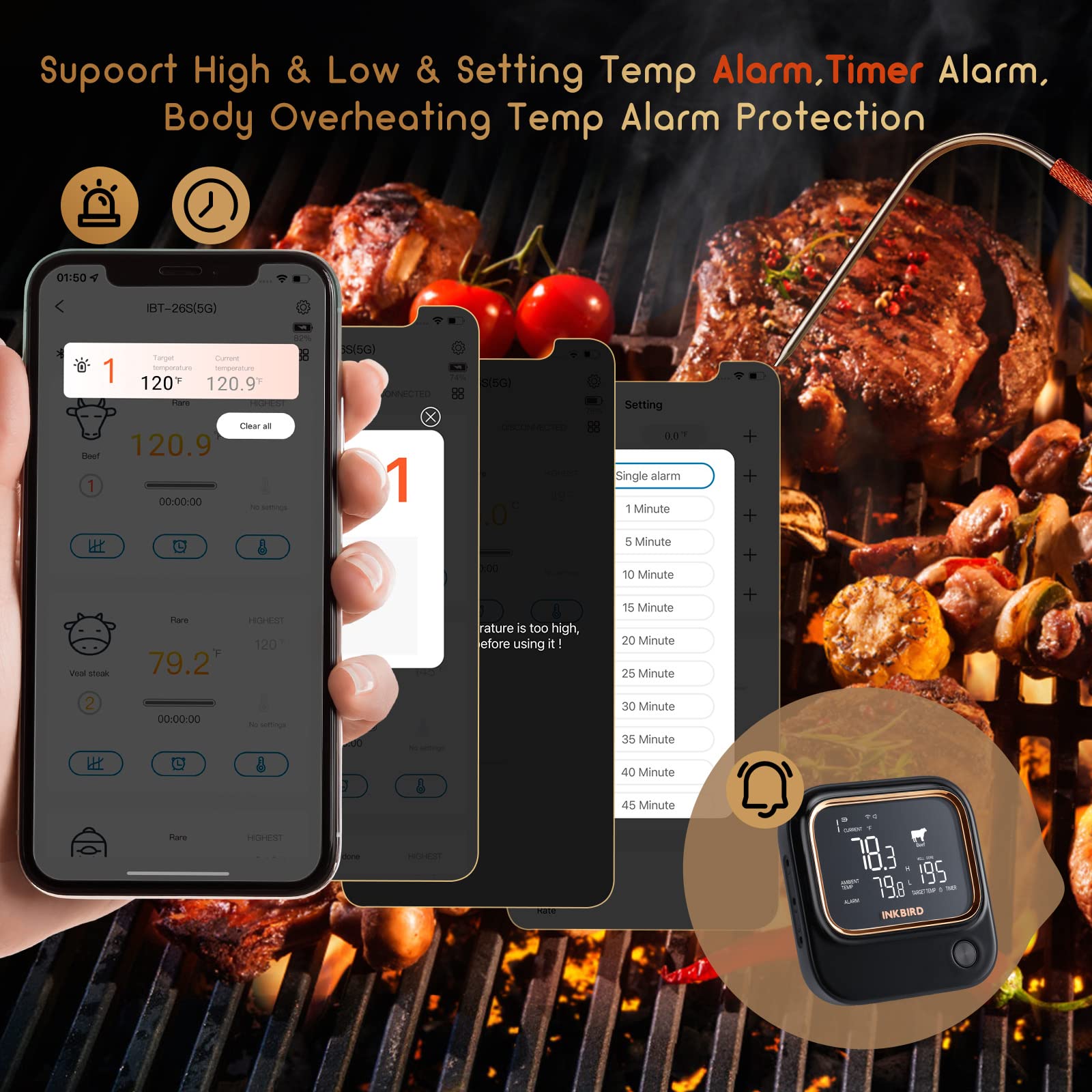 5GHz WiFi & Bluetooth 5.1 Meat Thermometer, Inkbird WiFi Grill Meat Thermometer for Grilling Smoker BBQ Cooking with 4 Probes, IBT-26S Wireless APP Control, Alarm Timer, Backlit LCD, Rechargeable