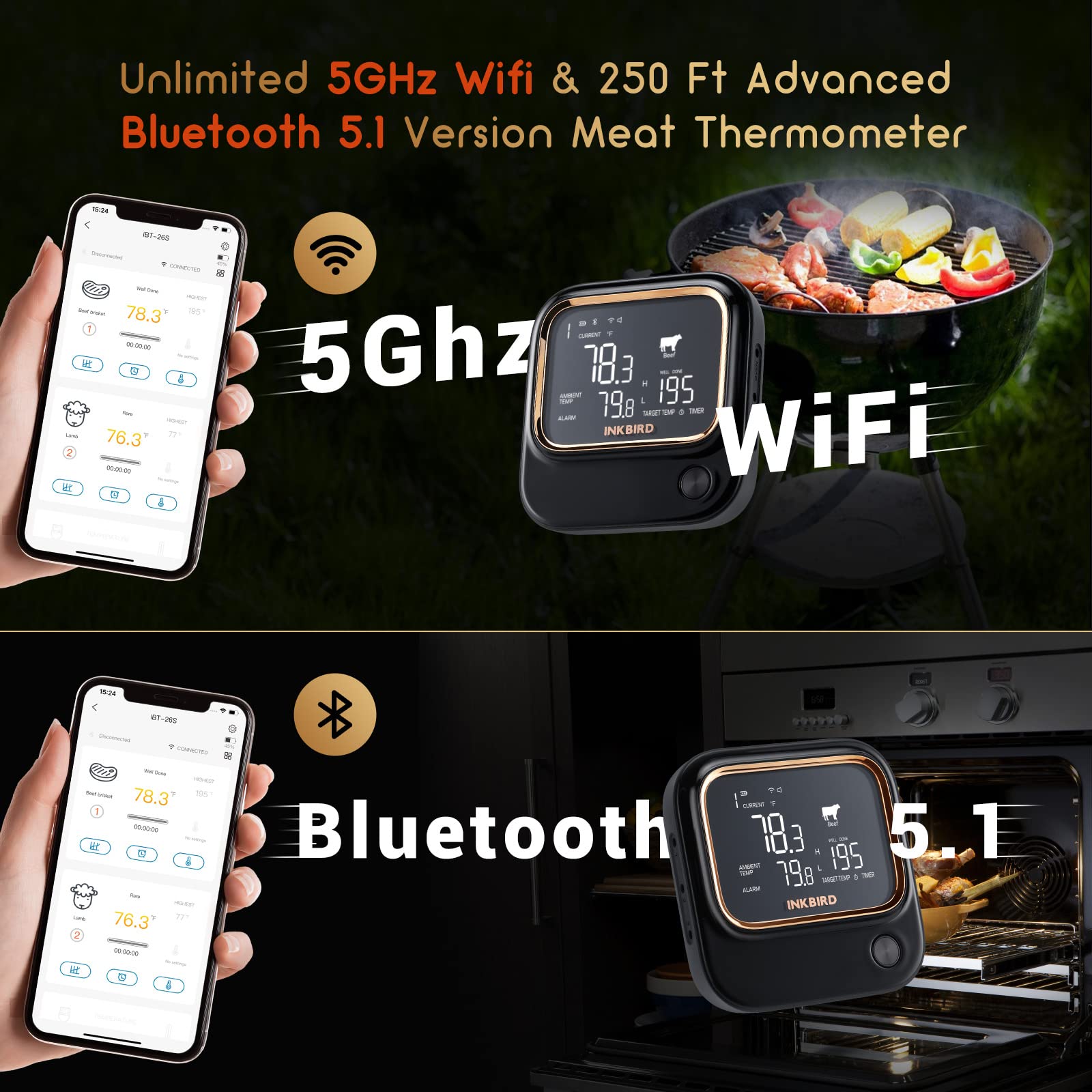 5GHz WiFi & Bluetooth 5.1 Meat Thermometer, Inkbird WiFi Grill Meat Thermometer for Grilling Smoker BBQ Cooking with 4 Probes, IBT-26S Wireless APP Control, Alarm Timer, Backlit LCD, Rechargeable