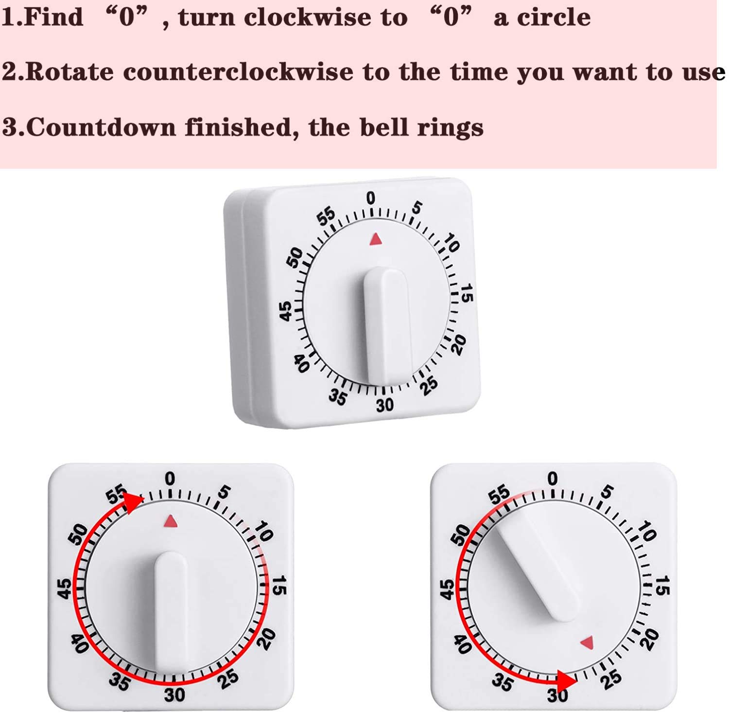 2 Pieces 60 Minute Kitchen Timer 1 Hour Visual Kitchen Clock Timer Mini Countdown Timer Loud Voice, Mechanical Timer for Kitchen, Homework, Exercise