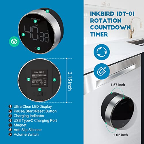 Kitchen Timer for Cooking, INKBIRD Digital Magnetic Rechargeable Timer, 3-Levels Alarm Productivity Timer for Classroom Office, Large LED Countdown Smart Timer IDT-01 for Kids, Adult, Kitchen, Teacher