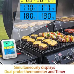 Meat Thermometer, Food Digital Grill Thermometer with Dual Probe and LCD Backlight and Timer Mode, Instant Read Smart BBQ Thermometer for Cooking Turkey Fish Beef