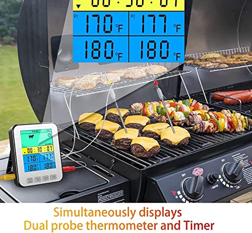 Meat Thermometer, Food Digital Grill Thermometer with Dual Probe and LCD Backlight and Timer Mode, Instant Read Smart BBQ Thermometer for Cooking Turkey Fish Beef