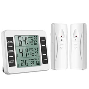 oria refrigerator thermometer, wireless digital freezer thermometer with 2 wireless sensors, wireless indoor outdoor thermometer, audible alarm, min and max display, lcd display for home, restaurants