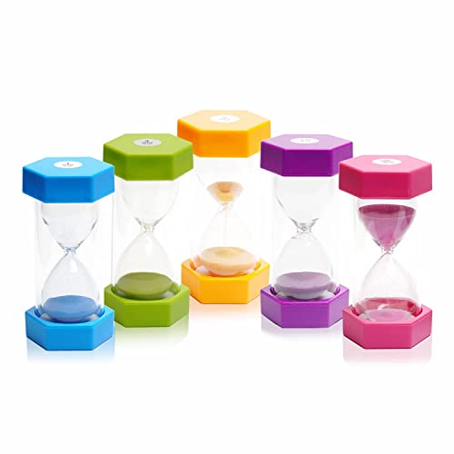 BEXPECTED 5 Pack Sand Timer Colorful Sandglass Timer Hourglass Set Sand Clock Timer Hourglass 1/3/5/10/30 Minutes Games Classroom Kids Kitchen, Blue, Green, Prange, Purple, Pink, 36.5 * 14 * 7.5 cm