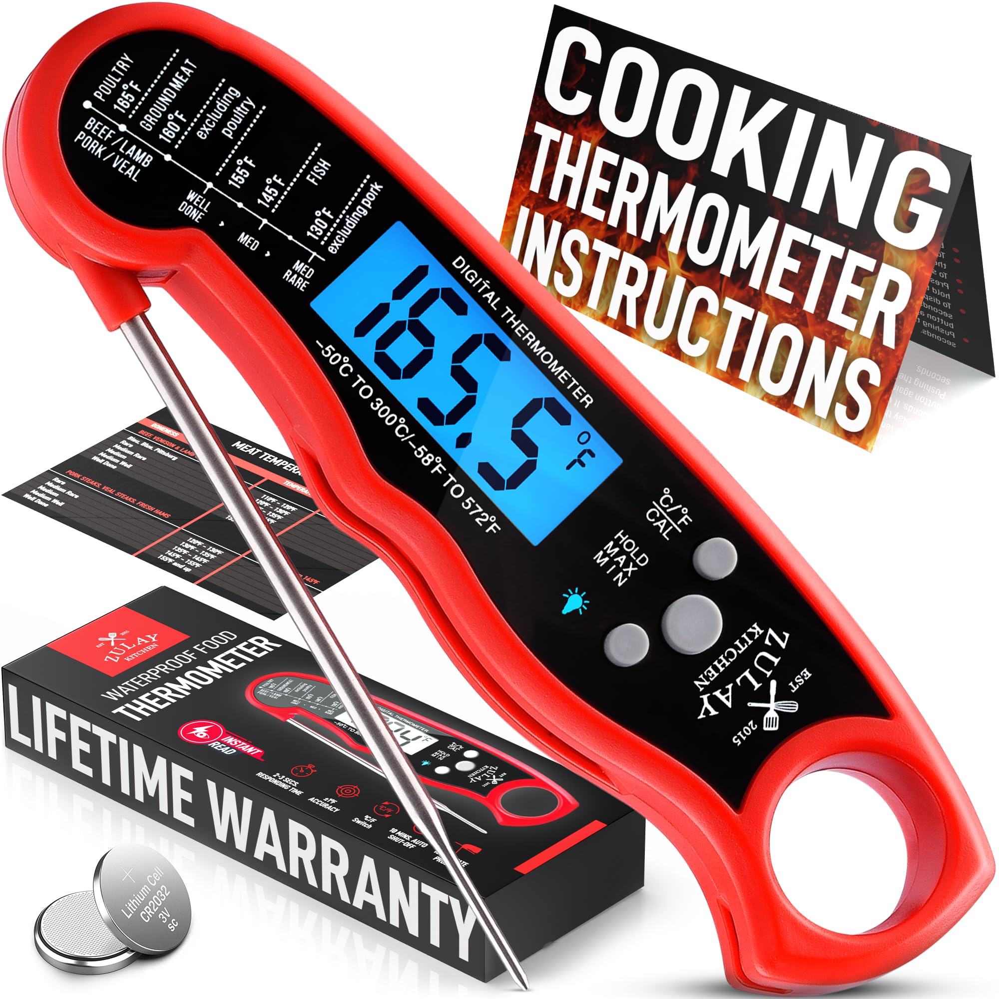 Grill Tech Instant Read Meat Thermometer for Grill and Cooking. Superior Waterproof Lightning Fast Digital Thermometer with Backlight & Calibration. Digital Food Probe for Kitchen and BBQ!