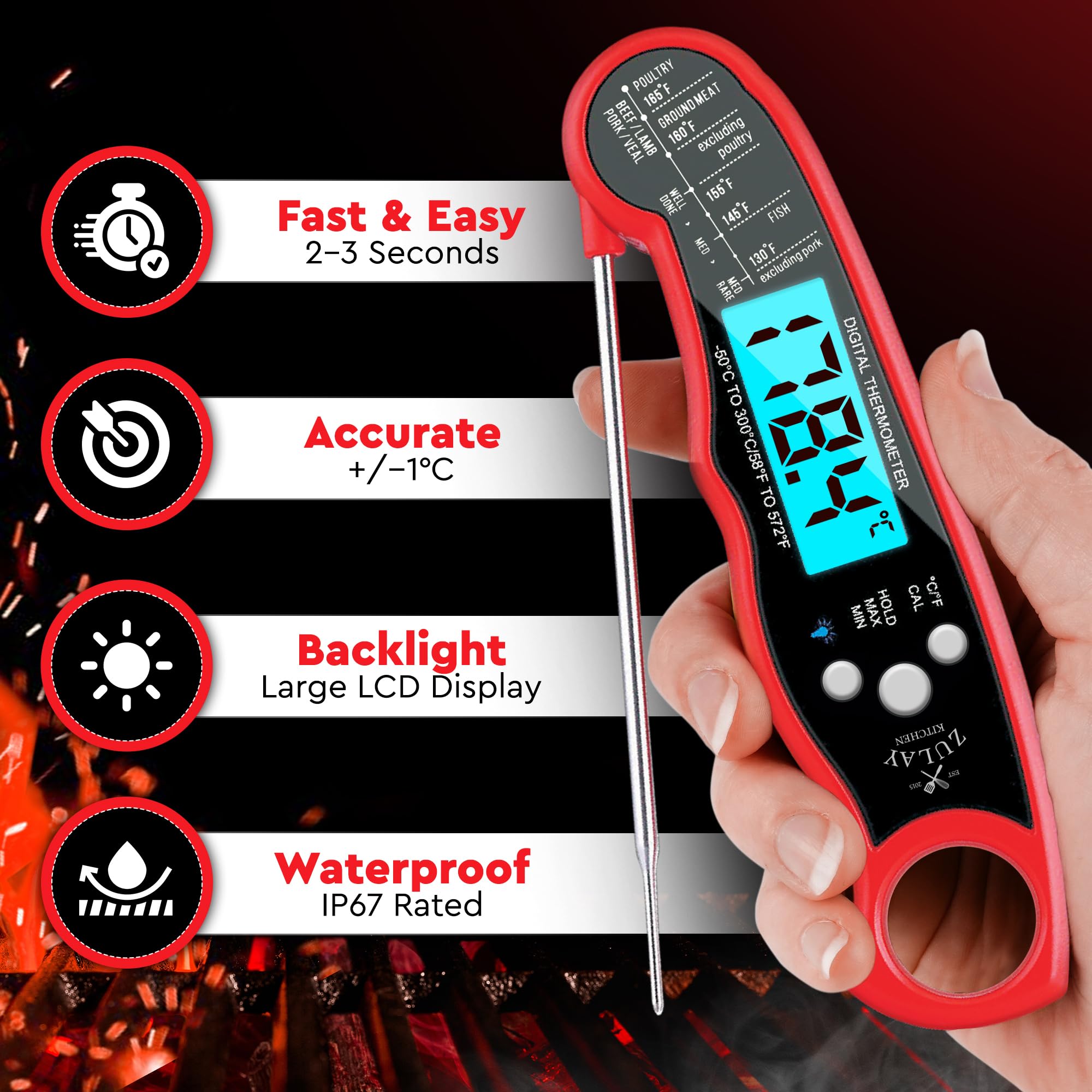 Grill Tech Instant Read Meat Thermometer for Grill and Cooking. Superior Waterproof Lightning Fast Digital Thermometer with Backlight & Calibration. Digital Food Probe for Kitchen and BBQ!