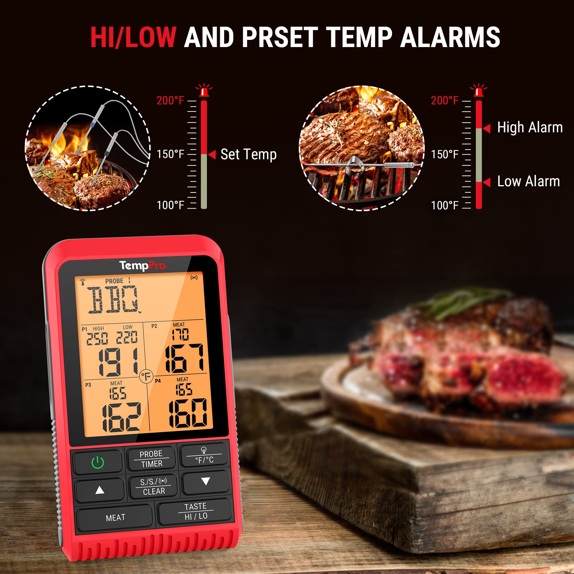 TempPro H29 Wireless Meat Thermometer with 4 Probes, 1000FT Smoker Thermometer for Grilling and Smoking, Meat Probe BBQ Thermometer for Oven and Grill