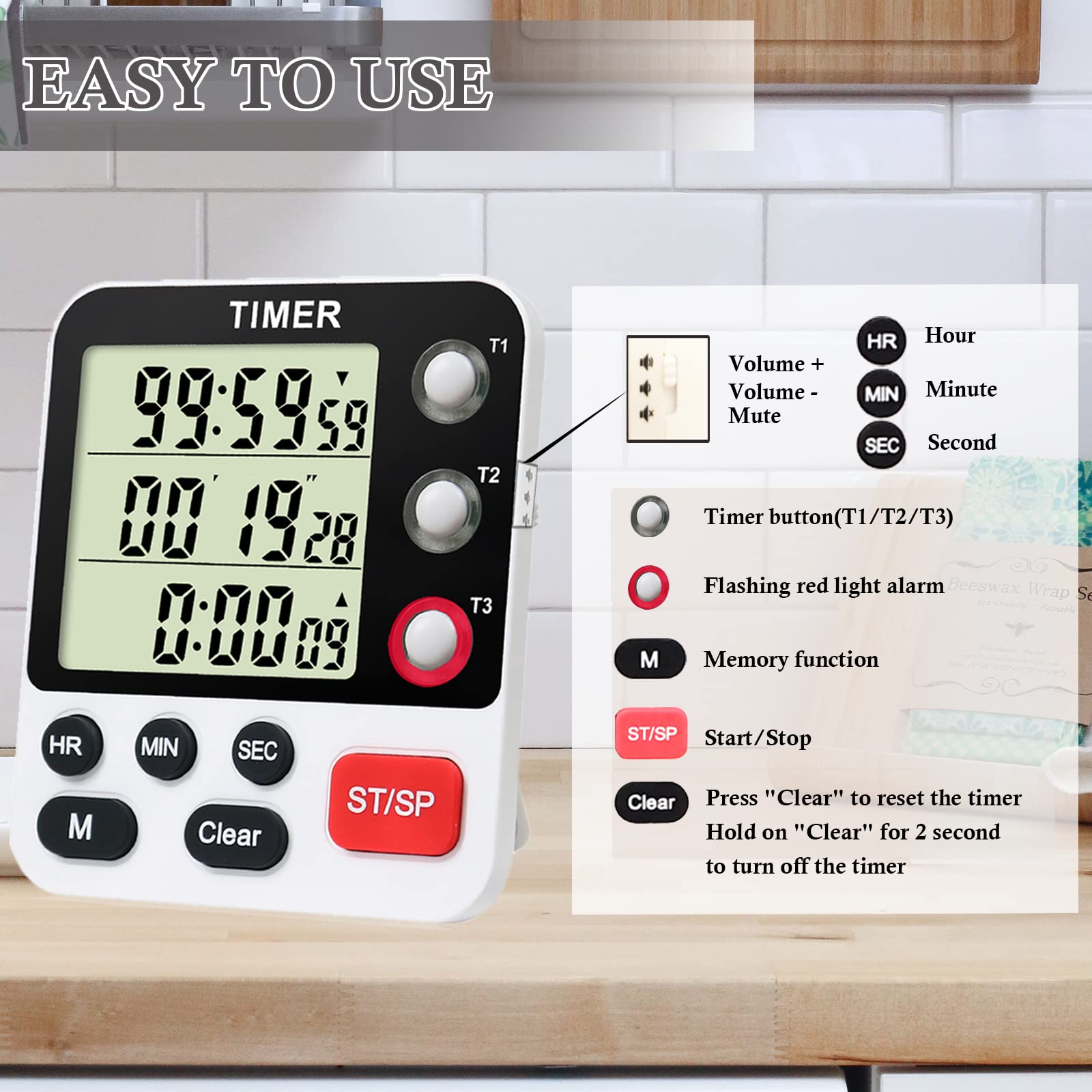 QINFIEY Digital 3 Channels Kitchen Cooking Multiple Timer with Large LCD Count Up Down Stopwatch ON Off Switch Timer for Teaching Reading 3-Level Adjustable Volume with Magnetic Back Battery Included