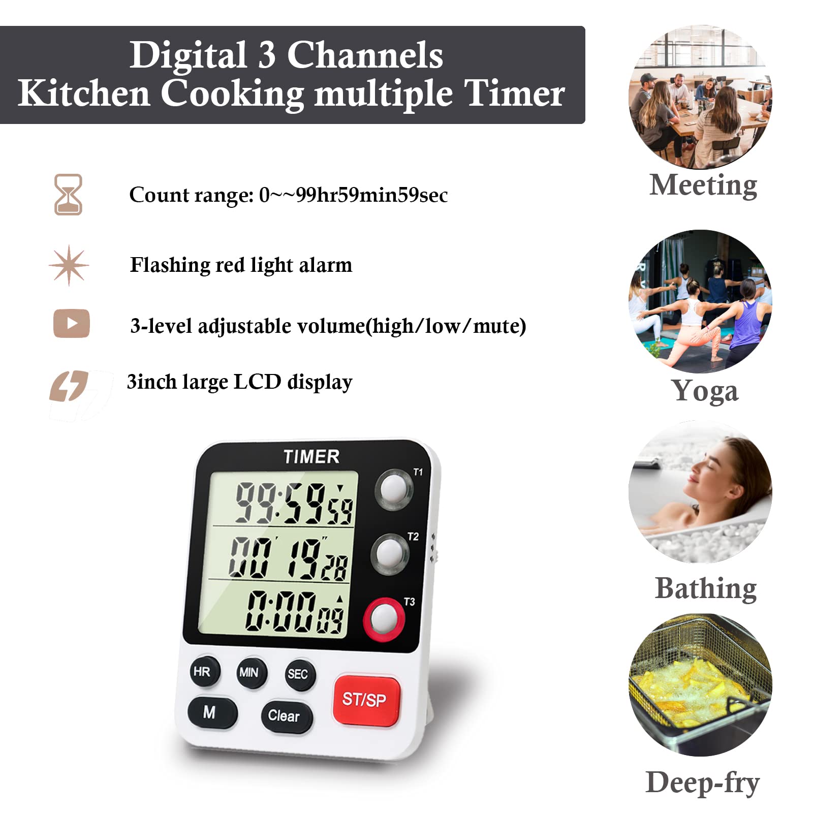 QINFIEY Digital 3 Channels Kitchen Cooking Multiple Timer with Large LCD Count Up Down Stopwatch ON Off Switch Timer for Teaching Reading 3-Level Adjustable Volume with Magnetic Back Battery Included